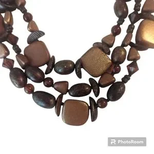 Jewelry | Vintage Brown Wood Beaded 3 Strand Antique Gold Tone Chain ...